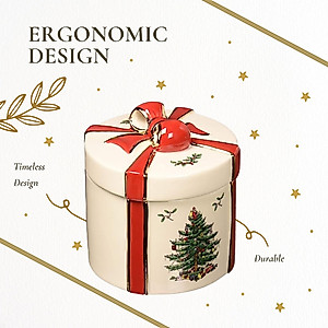 Spode Christmas Tree Gift Box Figurine, 4" Christmas Centerpiece with Red Ribbon & Gold Trim - Fine Earthenware for Holiday Home Decor, Festive Table Collectible & Winter (Small)