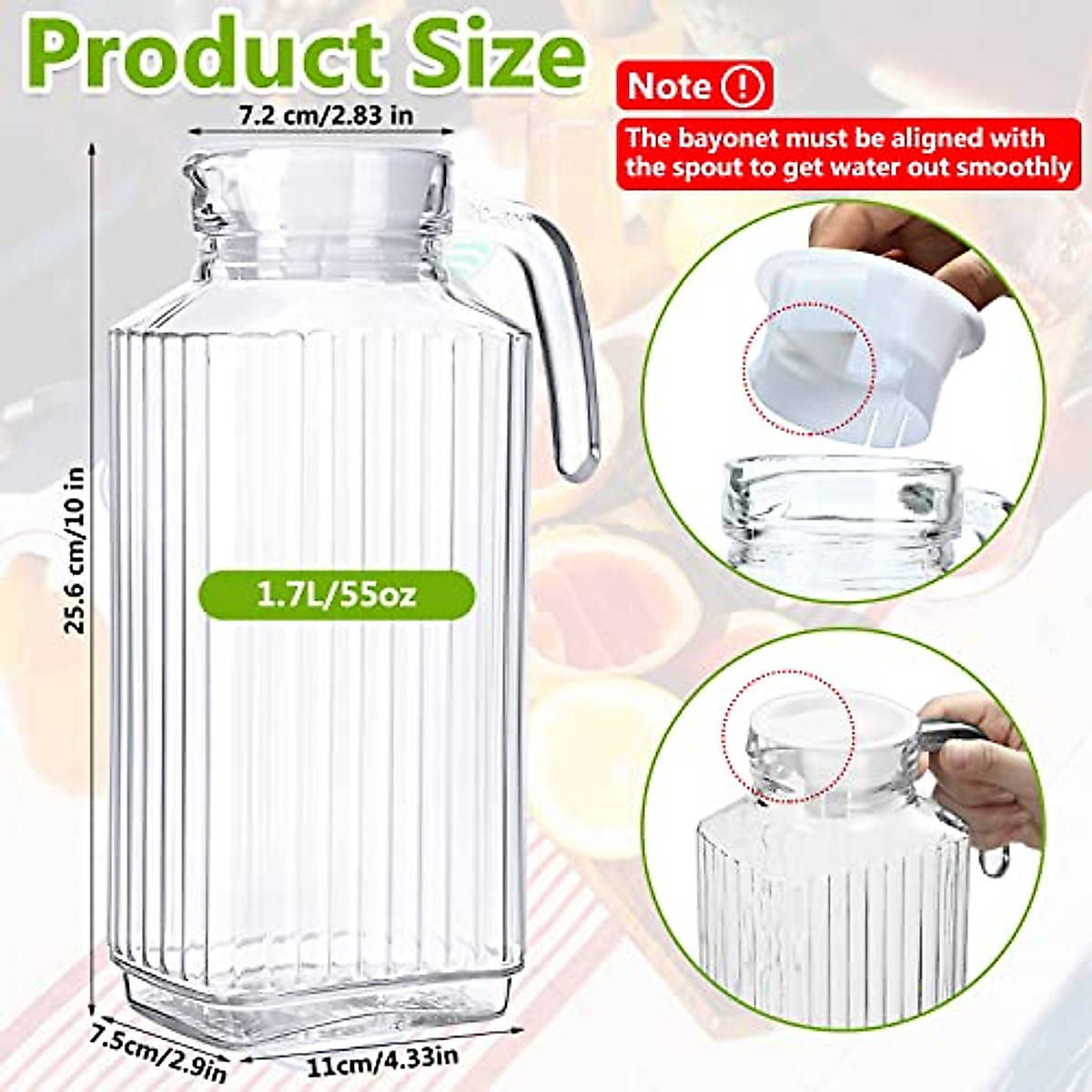2 Pcs Glass Pitcher with Lid and Spout Ribbed Fridge Pitcher Clear Glass Water Pitcher with Handle Juice Containers with Lids for Fridge Water Jar Water Carafe Milk Jug for Iced Tea (63.4 oz)