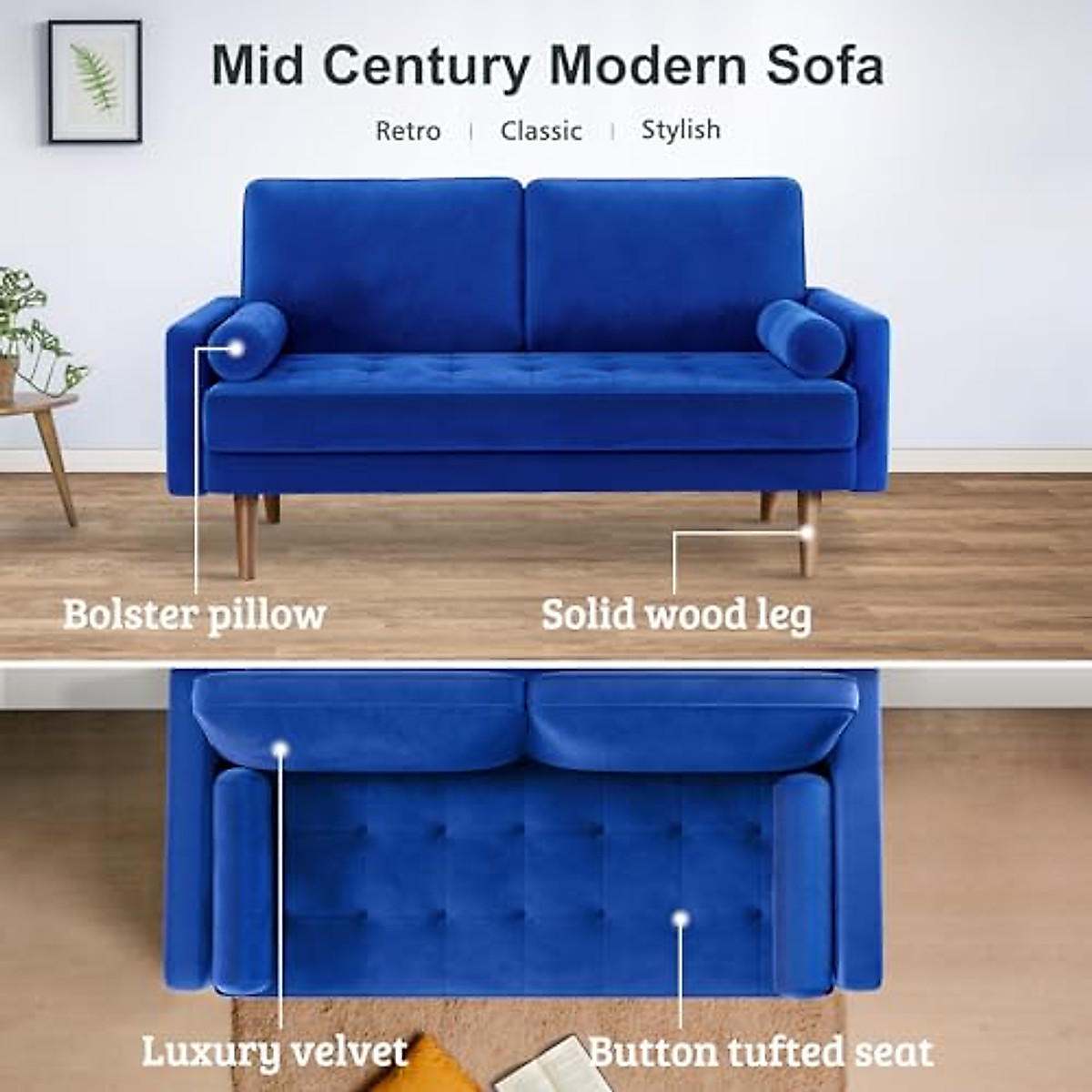 Vesgantti 58 inch Loveseat Sofa, 2 Seater Sofa for Small Space, Button Tufted Blue Velvet Couch with 2 Pillows, Mid Century Modern Couch w/Armrest, Small Couches for Living Room, Bedroom, Apartment