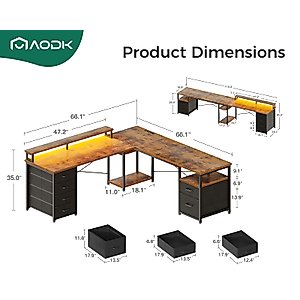 AODK 66" L Shaped Computer Desk, 113“ Reversible Home Office Desk with File Cabinet & 4 Fabric Drawers, Two Person Desk with LED Lights & Power Outlet, Corner Gaming Desk with Monitor Shelf, Vintage