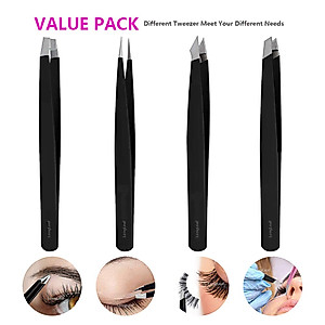 4 Pcs Eyebrow Tweezers Set, Stainless Steel Beauty Tools Eyebrow Tweezers, Precision Tweezers for Ingrown Hair, Splinter,Facial Hair, Blackhead and Tick Remover(Black)