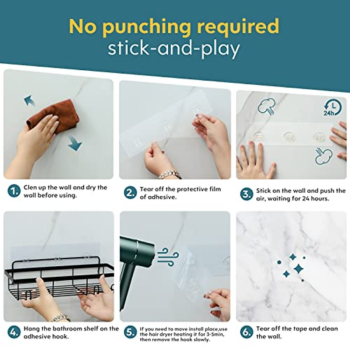 Shower Caddy, Shower Shelf for Inside Shower with 8 hooks, 4 Pack Adhesive Shower Organizer with Soap Holder and Toothbrush Holder,SUS 304 Rustproof Stainless Steel Shower Storage Shower Rack-Black