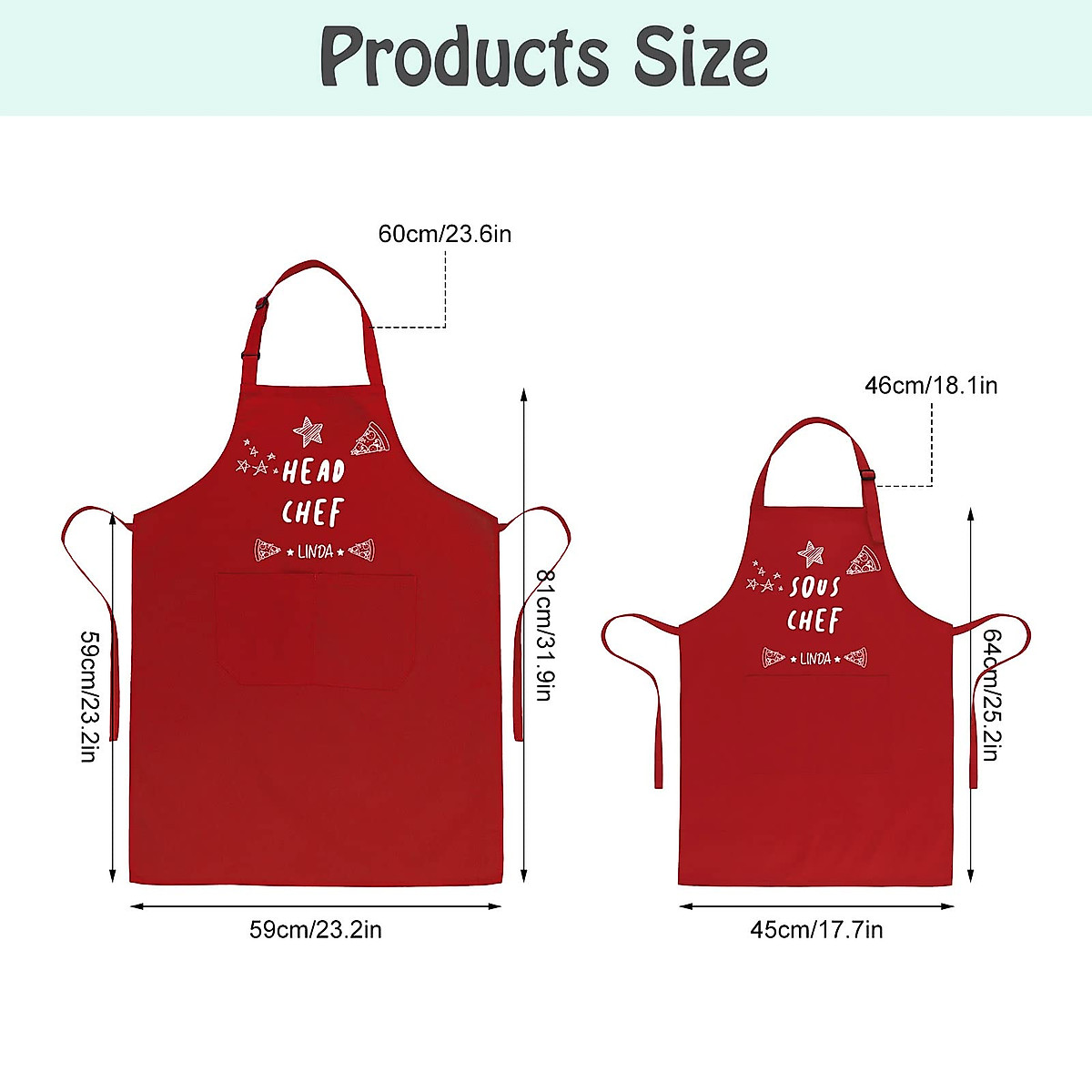 Atdesk Customized 2 Pack Parent-Child Aprons, Matching Family Apron Set, Adjustable Father Son Mummy Daughter Cooking Apron, Head Chef Sous Chef Bib Aprons with Pockets(Red)
