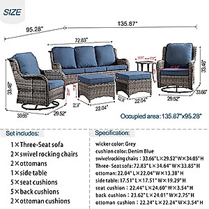 XIZZI Patio Furniture Outdoor Furniture All Weather Wicker 6 PCS Patio Sofa with High Back Swivel Rocking Chairs and Ottomans,Swivel Chairs Grey Rattan Denim Blue