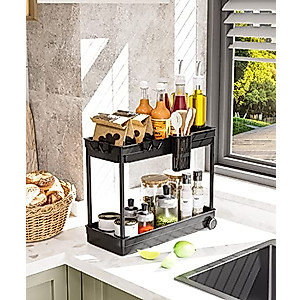Fowooyeen Under Sink Organizers and Storage, Bathroom Organization Cabinet with Hooks Hanging Cup, Multi-Purpose Sliding Countertop Storage Shelf for Bathroom and Kitchen Semi-Transparent