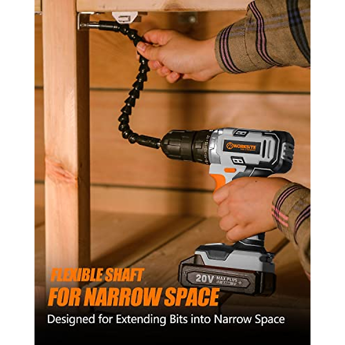 WORKSITE Cordless Drill/Driver Kit, 20V MAX 3/8" Compact Drill Set with 2.0A Battery, Charger, 309 In-lbs Max Torque, 24pcs Accessories for Drilling Wood Metal