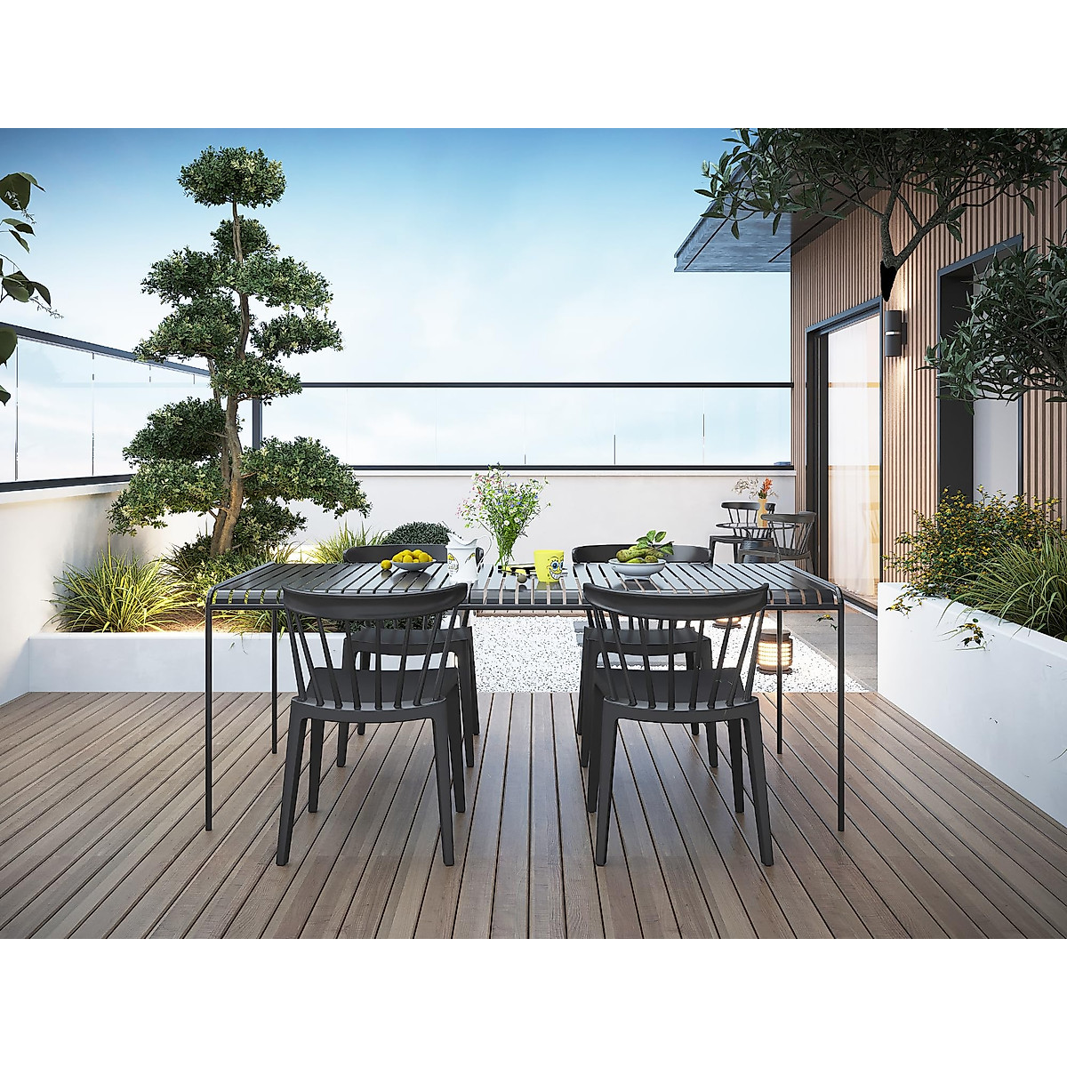 2xhome Set of 2 Stackable Modern Plastic Low Back Windsor Dining Chairs with Spindle Back for Kitchen Indoor Outdoor Patio Office Black