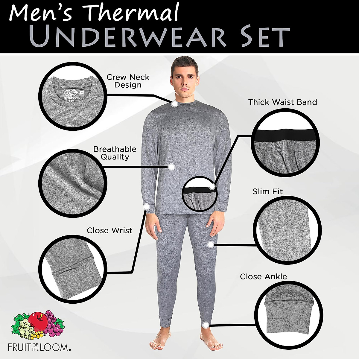 Fruit of the Loom Men’s Thermal Underwear Set Long Base Layer Set With Thermal Top & Bottoms- Warm Soft Underwear For Cold Weather- Comfortable & Discreet Winter Baselayer Black
