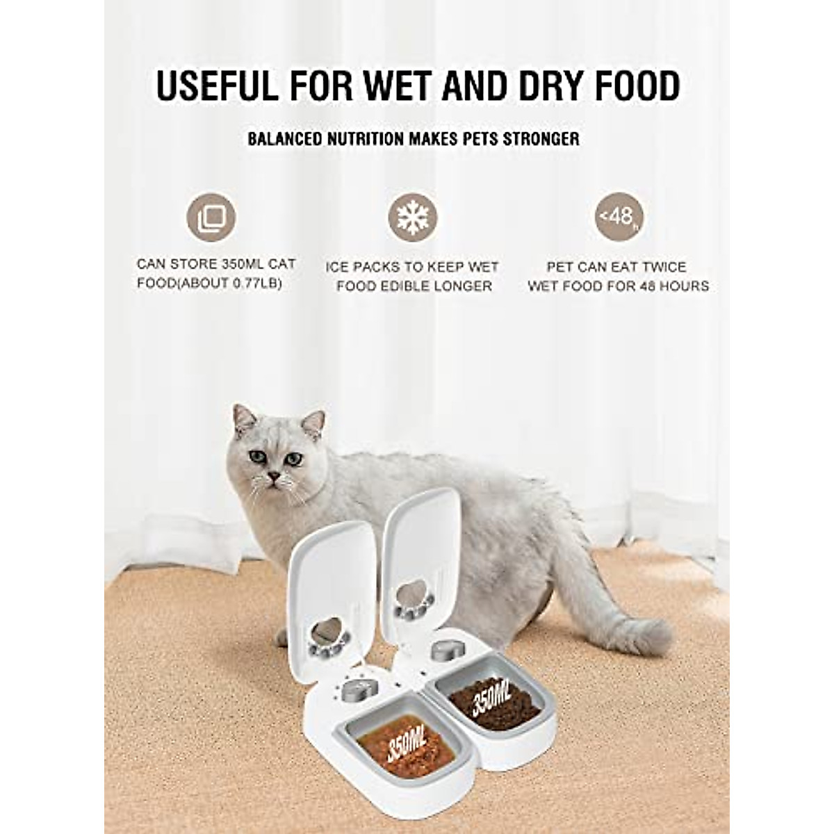 Automatic Cat Feeders 2 Cat, Wet Dry Cat Food Dispenser with 48H Delay, Smart Dog Cat Feeder Automatic with 2 Bowls, Timed Pet Feeder with Locking Design, Programmable Portion Control 2 Meals Per Day