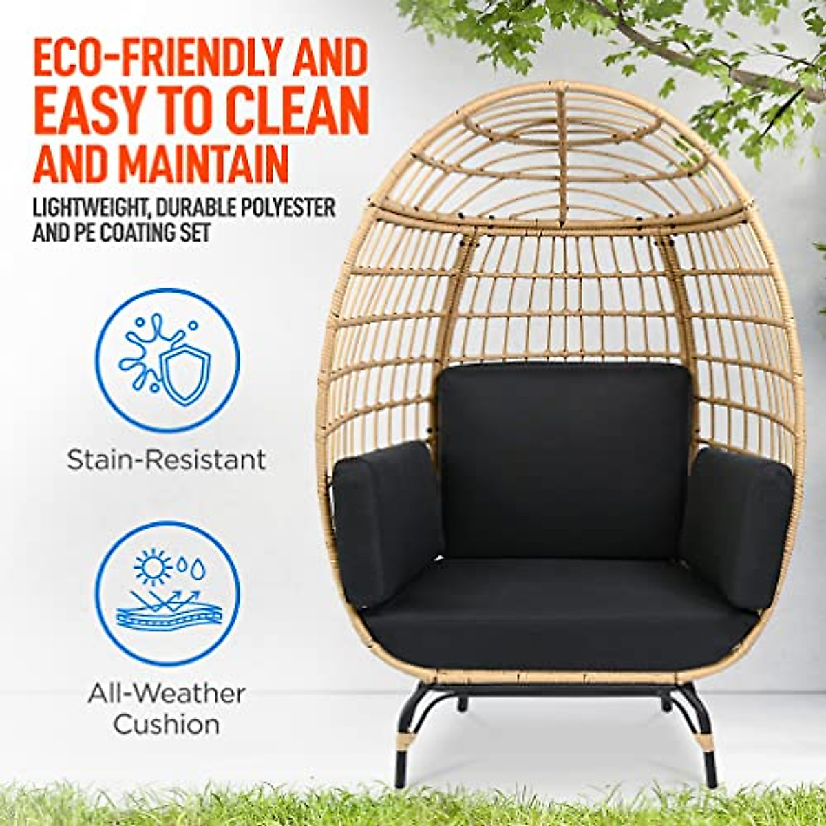 Wicker Rattan Egg Chair, Indoor Outdoor Black Sofa Chair for Patio Backyard and Living Room with 4 Cushions and Powder Coated Steel Frame, Woven Texture Contemporary Ribbed Back Design