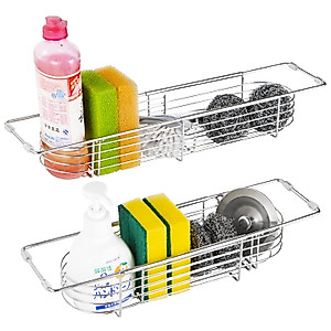 Retractable sink drain rack, 304stainless steel expandable sink storage rack, adjustable sink rack, kitchen sponge drying rack, sink tray, soap rack, breathable drainage (adjustable length 14in-18in)