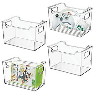 mDesign Deep Plastic Storage Organizer Container Bin, Game and Comic Organization for Cabinet, Cupboard, Playroom, Shelves, or Closet - Holds Video Games, Tablets, DVDs, or Controllers, 4 Pack, Clear