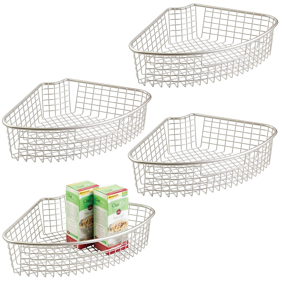 mDesign Farmhouse Metal Kitchen Cabinet Lazy Susan Storage Organizer Basket with Front Handle - Large Pie-Shaped 1/4 Wedge, 4.4" Deep Container - 4 Pack - Satin