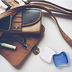 Denture Bath Cases with Denture Cleaner Brushes Denture Cups Denture Boxes Bath Dentures Container with Basket Denture Holder Denture Brush Retainer Case for Travel Retainer Cleaning (Blue)