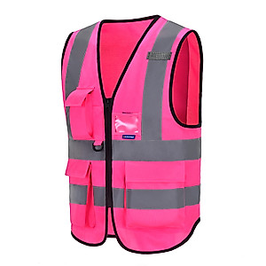 A-SAFETY Pink Safety Vest with Pockets Hi Viz Zipper Front Working Safety Vest with Reflective Strips, Multiple Colors Available,Large