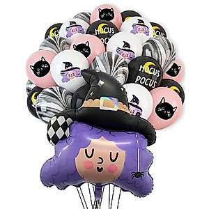 HOUSE OF PARTY Halloween Witch Foil Balloon-50PCS Black Pink White Witch, Cat Latex Balloons for Halloween Birthdays Graduation Party Decorations, School Classroom Games, Kids' Hand Out