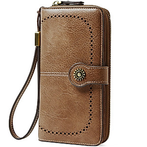 TFKGS Wallet for Women RFID Blocking Leather Large Capacity Card Holder Ladies Phone Clutch Travel Long Purse Wristlet Brown