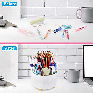 XHEHOY Pencil Pen Holder for Desk, 360 Degree Rotating Desk Organizers with 5 Slots, Cute Pen Cup for Office, School, Home and Art Supply, Desktop Storage Stationery Supplies Organizer, White