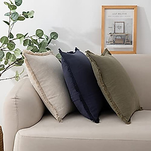 Linen Fringed Throw Pillow Cover - Soft Cozy Boho Cushion Covers with Tassel for Couch Sofa Farmhouse Natural Decor Burlap Pillowcase, Green 18x18 Inches