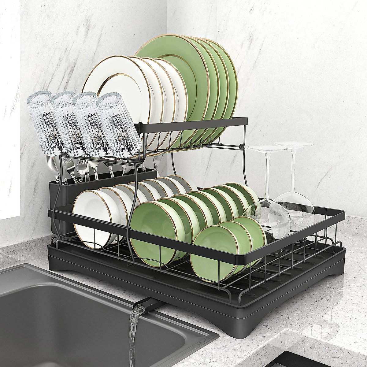 Dish Drying Rack for Kitchen Counter, 2-Tier Dish Racks with Drainboard, Large Capacity Dish Drainer Organizer Shelf with Utensil Holder, Wine Glass Holder（Black）