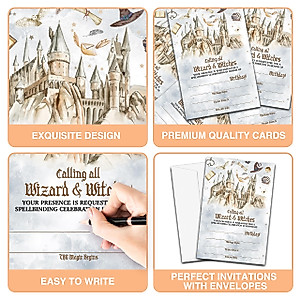YQV Magical Wizard Birthday Invitations Cards, 4"x 6" Magician Owl Birthday Party Invites with Envelopes for Halloween Party Decorations Supplies (20 Pieces) - A02