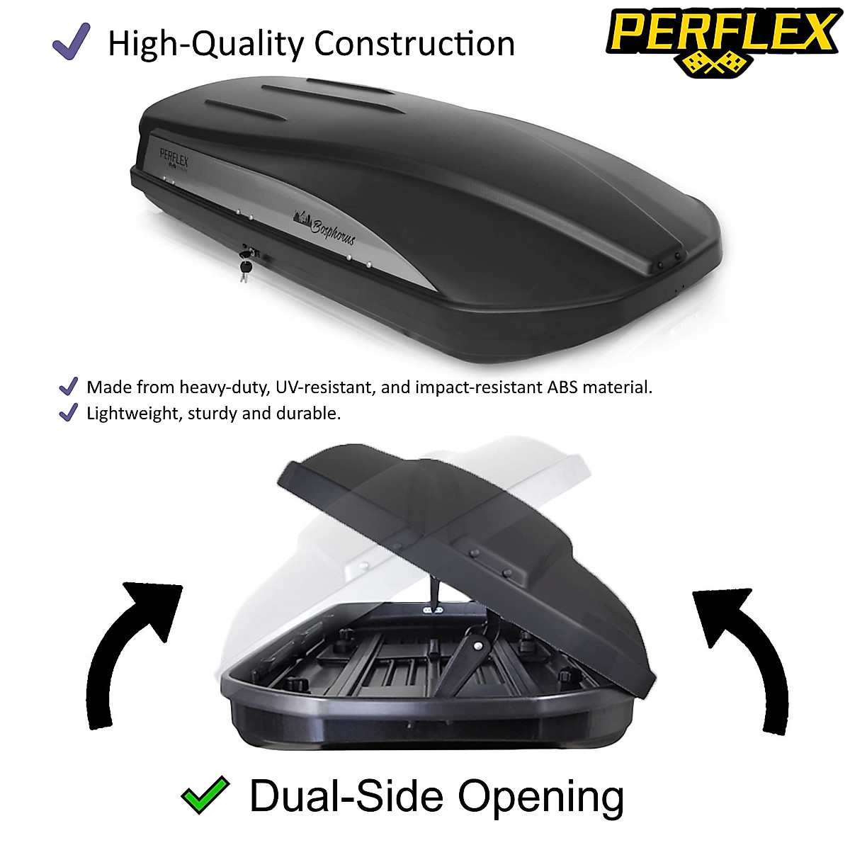 Perflex Bosphorus Rooftop Cargo Box Carrier Large 17 Cubic Feet Car Top Mount Travel Luggage Storage, Dual Side Opening, 130 Lbs Weight Capacity, Extra Keys, Straps (Black)