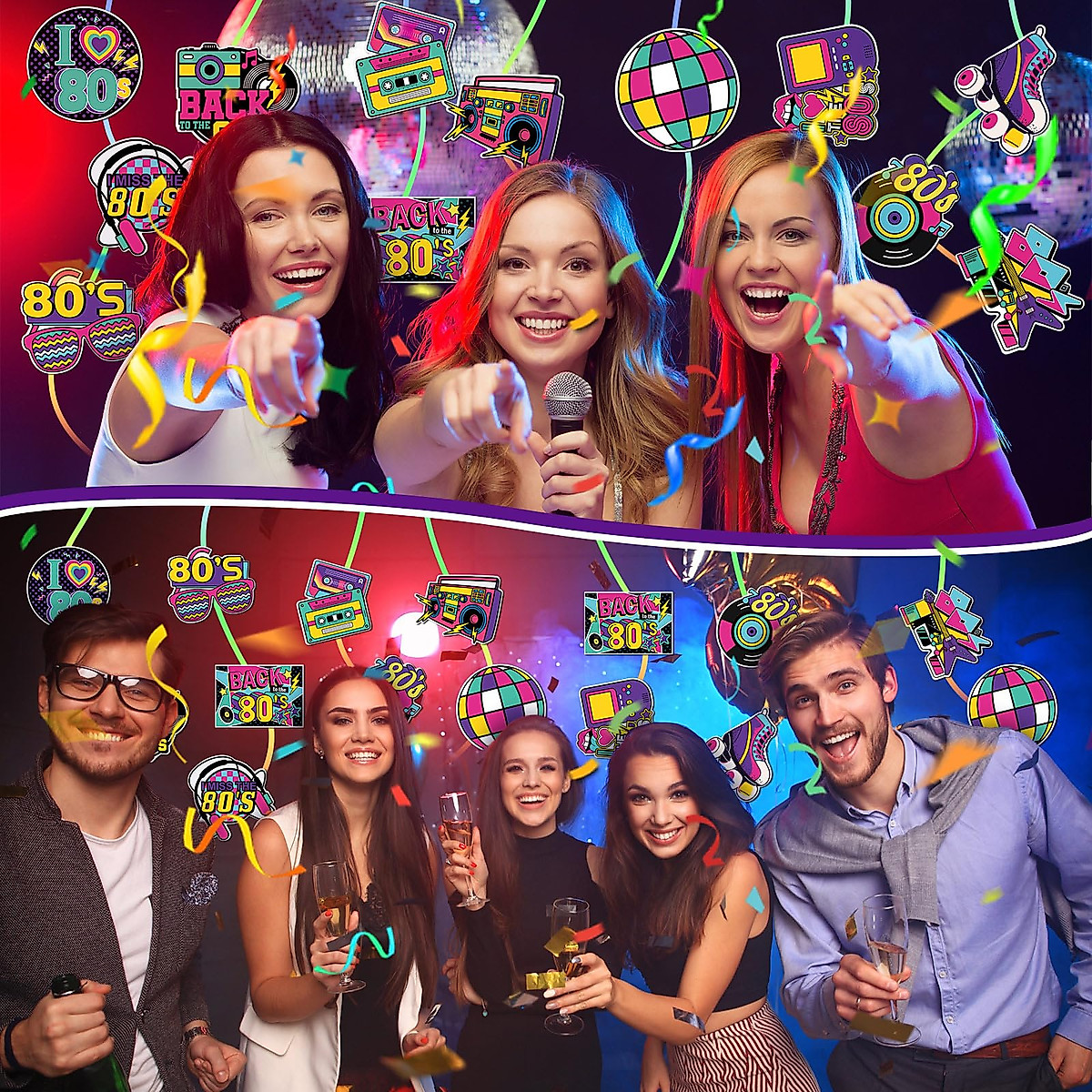 Seajan 60 Pcs Back to The 80s Party Decoration Cutouts Accents Retro 1980s Hip Hop Cutouts Radio Roller Skating Cassette Tape Cutouts Throwback Birthday Party Neon Party Rock Hippie Party Supplies