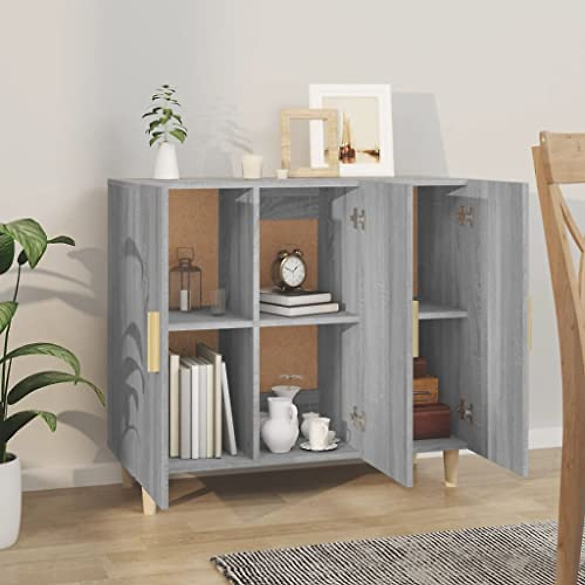 loibinfen Sideboard Buffet Server Storage Cabinet with 3 Doors, Console Table Home Kitchen Sideboard with Wood Legs, Dining Room Furniture Entryway Cupboard, Gray Sonoma 35.4"x13.4"x31.5" -AA