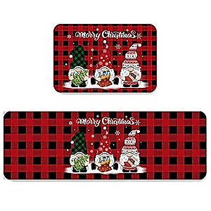 Perdecor Kitchen Rugs and Mats Water Absorbent Non Skid Gnomes Santa Snowflake Red Black Buffalo Plaid Ugly Print, 20210910-GYT-PER001SLXM10373MDEAPED, 15.7x23.6 inch+15.7x47.2 inch