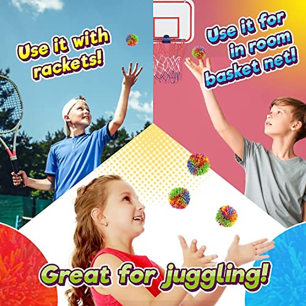 JA-RU Mini Bandy Ball Set (1 Pack 3 Total) Rubber String Stress Balls Soft Spike Balls Sensory Fidget Toys Pack Rainbow Bouncy Pom Ball Stress Relief Sensory Toy Party Favors Stuffers Gifts.1072-1