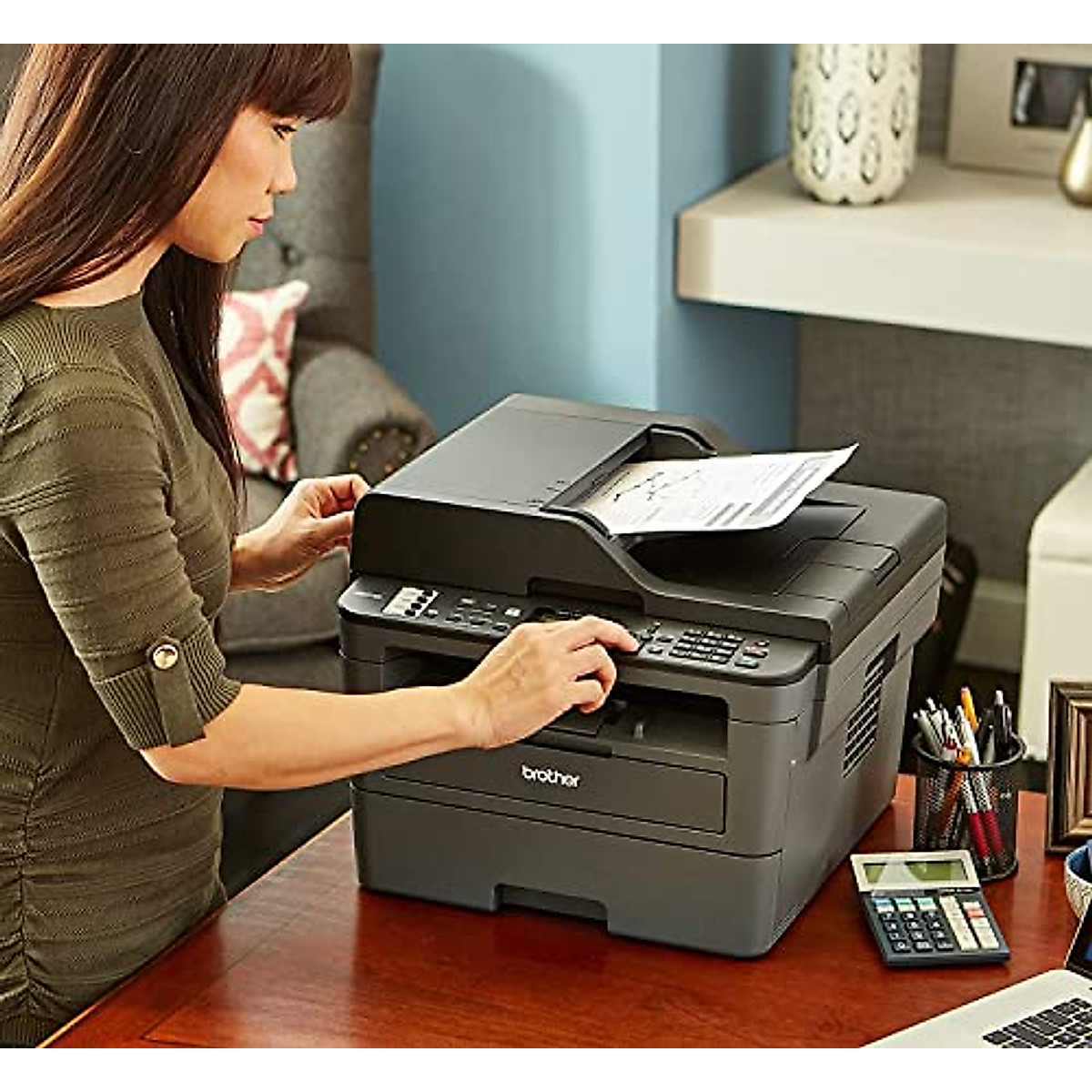 Brother MFC L26 Series All-in-One Laser Printer, Print, Copy, Scan, Fax - 26 ppm, 2400 x 600 dpi, 250 Sheets, Wireless, Mobile Printing, Auto 2-Sided Printing, with MTC Printer Cable (Renewed)