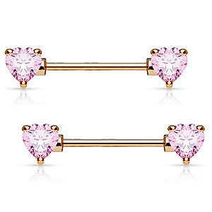 Forbidden Body Jewelry Pair of Surgical Steel 5/8 Inch Cubic Zirconia Crystal Double Heart Nipple Barbells, Pink (Rose Gold Tone)