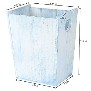 Rustic Wastebasket Wood Trash Can Farmhouse Bathroom Waste Bin with Built-in Double Round Handles for Office, Bedroom, and Bathroom, Blue White