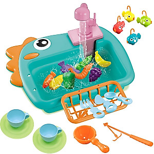 Kitchen Sink Toys with Running Water and Electric Faucet Automatic Water Cycle System，Play Kitchen Toy Accessories for Toddler,Pool Floating Fishing Toys，Pretend Role Play Toys for Boys Girls