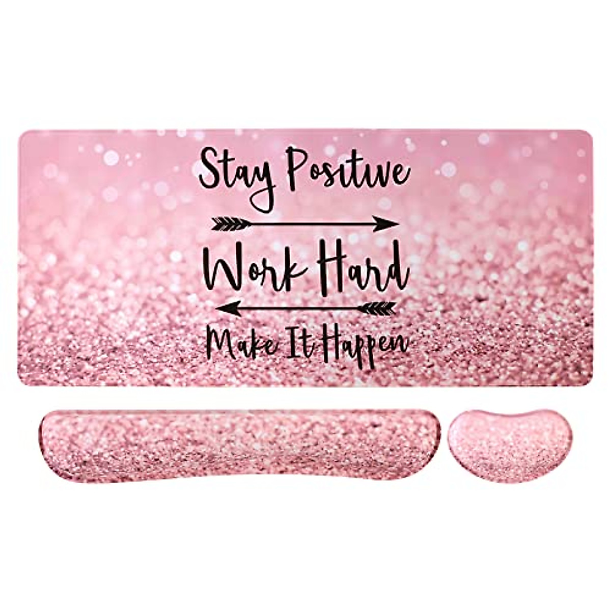 iCasso Keyboard Mouse Pad Set,Extended Gaming Mouse Pad+Keyboard Wrist Rest Support , Memory Foam, Easy Typing Pain Relief, 3Pcs (35.4×15.7 in) XXL Ultra Thick Desk Mat -Pink Stay Positive
