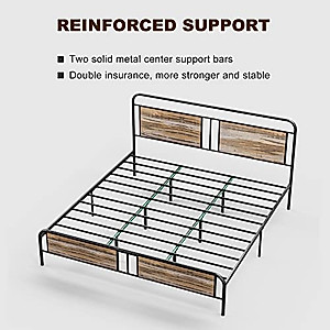IKIFLY King Bed Frame with Industrial Wood Headboard/Footboard, Heavy Duty Metal Slats Support, Under-Bed Storage, No Box Spring Needed - Wood Brown