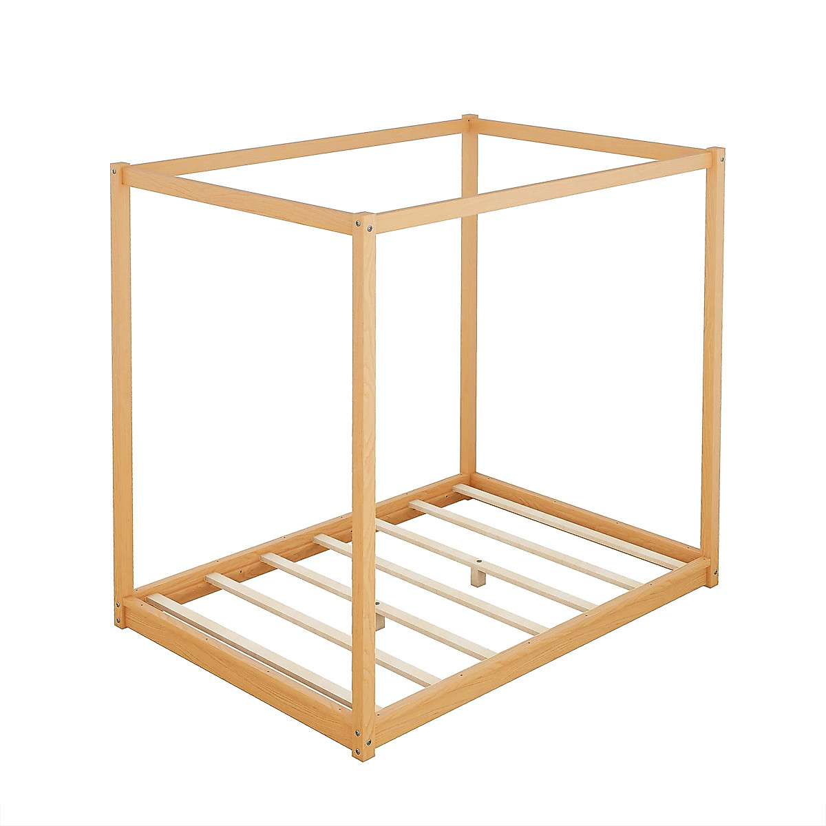 MWrouqfur 4-Poster King Size Canopy Floor Bed Frame, Morden Wood Low Profile Platform Beds with Wooden Slats Support, No Box Spring Needed (Natural)