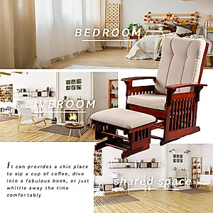 Dvasovio Rustic Glider Chair for Nursery with Ottoman, Resistant Rubber Wood Nursery Glider and Ottoman Sets for Relaxing, Rocking Chair for Living Room Bedroom, Cherry