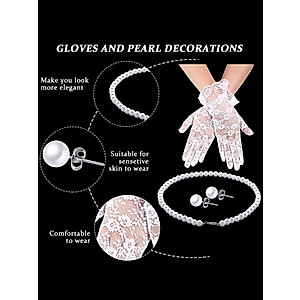 4 Pcs 50s Fascinators Hat for Women Tea Party with Short Lace Gloves Pearl Necklace Earrings for Wedding Halloween Funeral(White)
