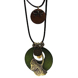 Les umes Vintage Necklace Wooden Pendant Long Necklaces for Women Boho Ethnic Style Handmade Jewelry Ginkgo Green