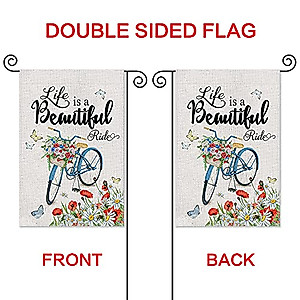 AGMdesign Life is a Beautiful Ride Garden Flag, Bicycle Ride Decorative Spring Summer Floral Garden Flag, Double Sided Waterproof Burlap Yard Flag Seasonal Summer Outdoor Decoration 12.5 x 18 Inch