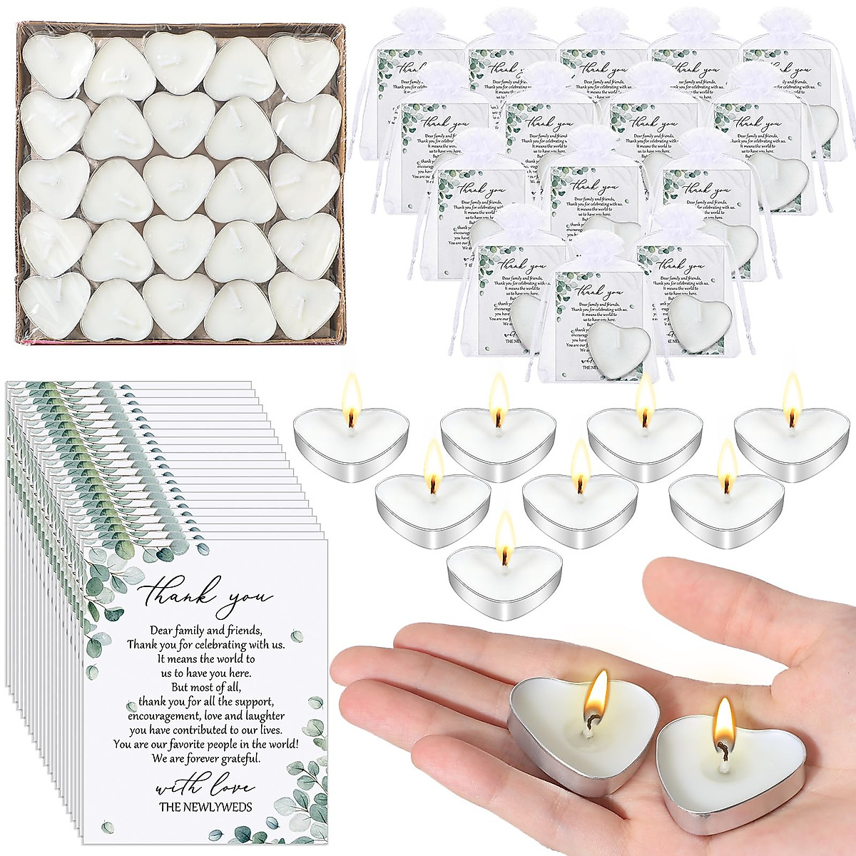 Threlaco 200 Sets Wedding Gifts for Guests Heart Shaped Candles Mini Candles Wedding Candle Gifts for Guests Thank You Cards and Organza Bags for Wedding Party Favors