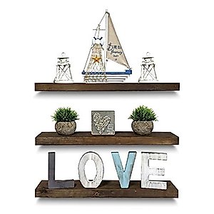 Mark One Home Goods Rustic Farmhouse 3 Tier Justified Floating Wood Shelf - Floating Wall Shelves (Set of 3), Hardware and Fasteners Included (Walnut, 24")