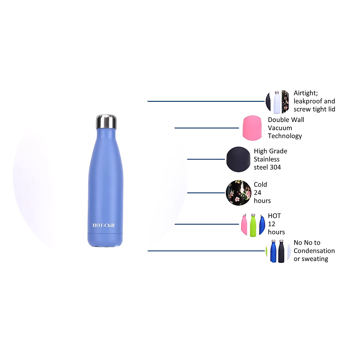 HOT-Chill Sports Water Bottle 12 oz Leak-Proof No Sweating BPA Free Reusable Vacuum Insulated Stainless Steel Water Bottles Double walled Coffee Thermos for women and Men Workout buddy. (Black)