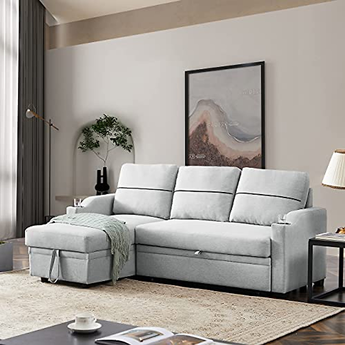 Yoglad Reversible Sectional Sofa Chaise for Living Room, Pull Out Bed Sleeper Couch with Storage, 81 inch Wide L-Shaped Couch with 2 Cup Holder, Gray Linen