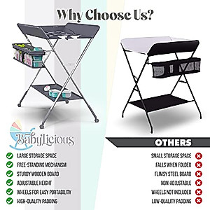 Babylicious Baby Portable Changing Table - Foldable Changing Table with Wheels - Portable Diaper Changing Station - Adjustable Height Baby Changing Table-Safety Belt and Large Storage Rack for Infants