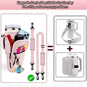 BABORUI Water Bottle Holder for Stanley with Strap, Water Bottle Carrier for Stanley 40oz, Adjustable Crossbody Shoulder Hand Strap 2 Pouch Water Bottle Accessories for Travelling Hiking Camping