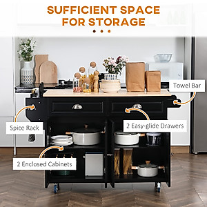 HOMCOM Rolling Kitchen Island Cart with Drop Leaf, Kitchen Cart on Wheels with Rubber Wood Top, 2 Drawers and 2 Storage Cabinets, Island Table for Kitchen, Dining Room, Black