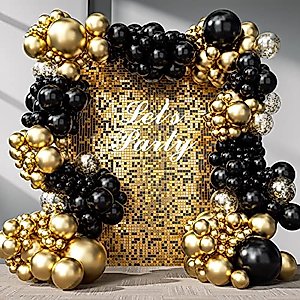 FOTIOMRG 133pcs Black and Gold Balloons Garland Arch Kit with Metallic Gold Confetti Balloons, 5/10/12/18 Inch Black Gold Latex Balloons for Graduation Birthday Wedding Party Decorations