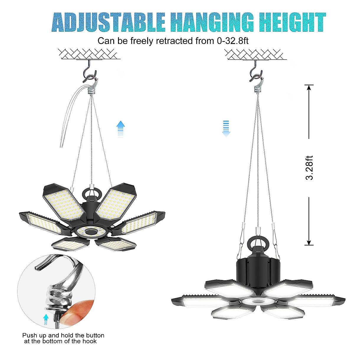 Linkable LED Shop Light with 6 Deformable Panels, 20000LM 6500K Plug in Garage Ceiling Lights, Hanging LED Lights for Garage/Warehouse/Barn/Basement - 9.84ft Power Cord with On/Off Switch and US Plug